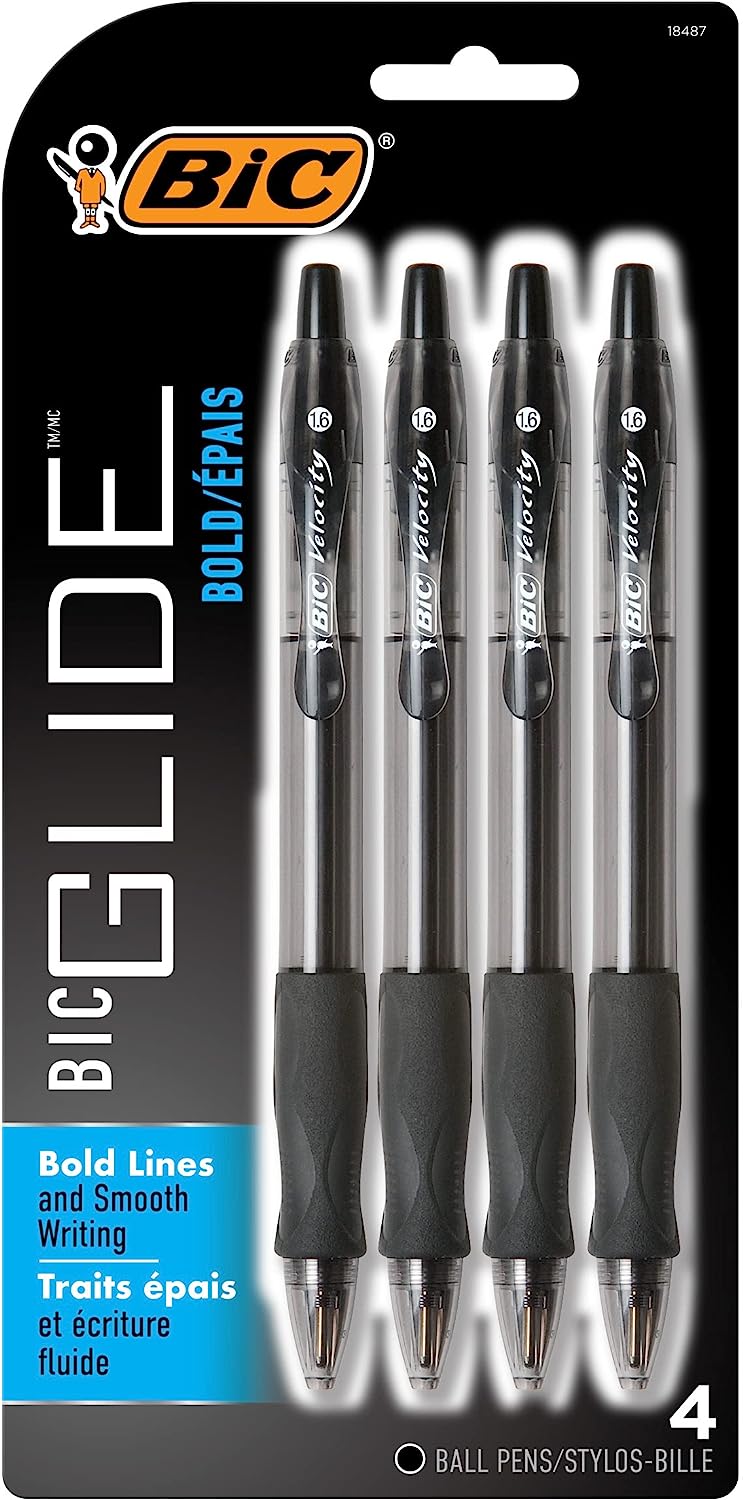 BIC Glide Bold Retractable Ball Point Pen, Bold Point (1.6mm), Black ...