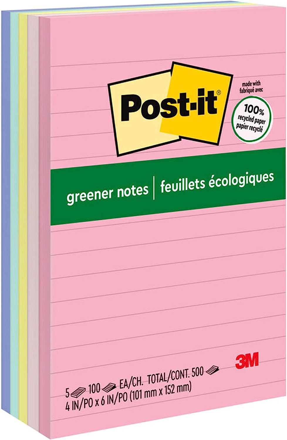 Post-it Greener Notes, 4x6 in, 5 Pads, America's #1 Favorite Sticky ...