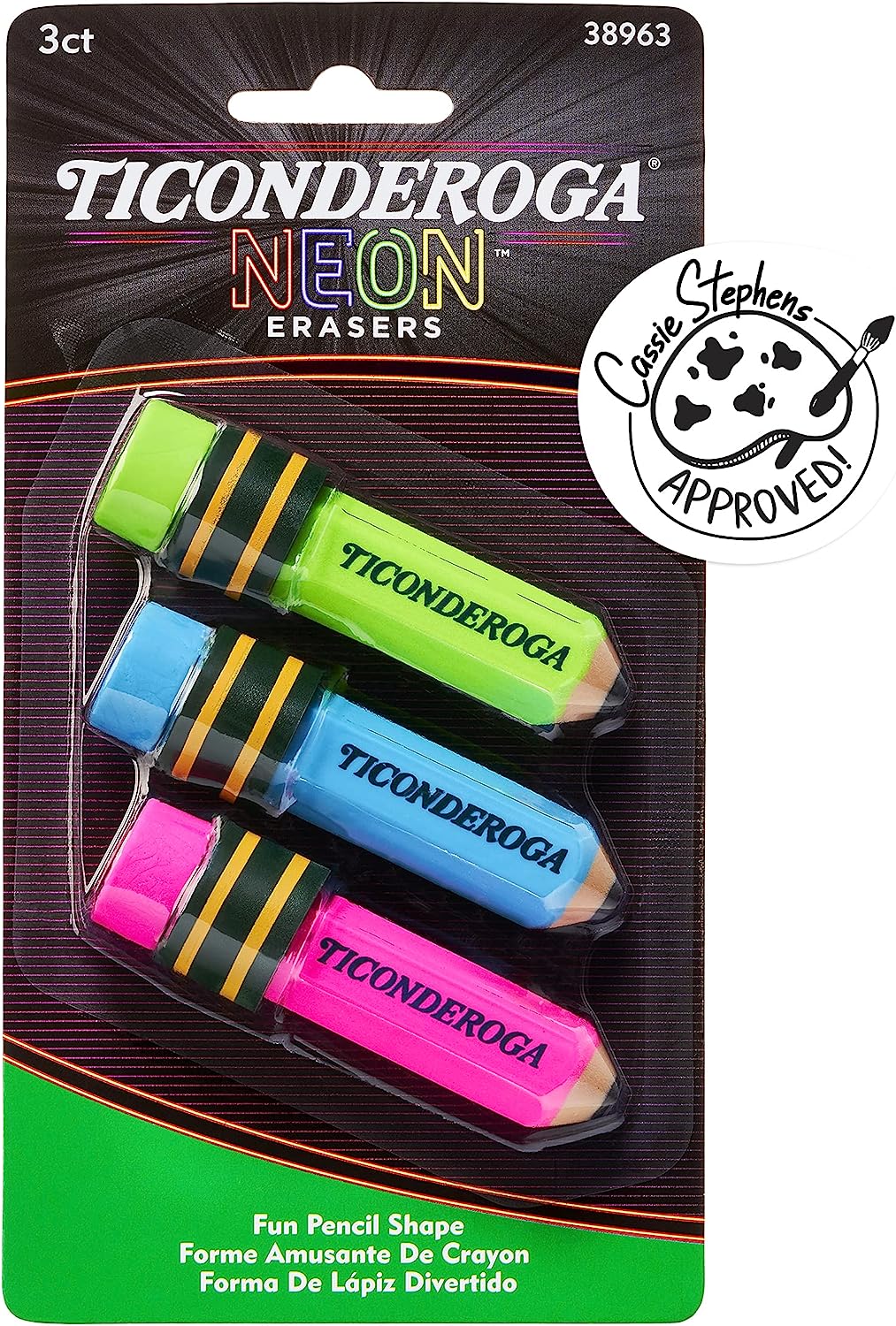 Ticonderoga Pencil Shaped Erasers, Neon Colors, 3 Count for Wholesale