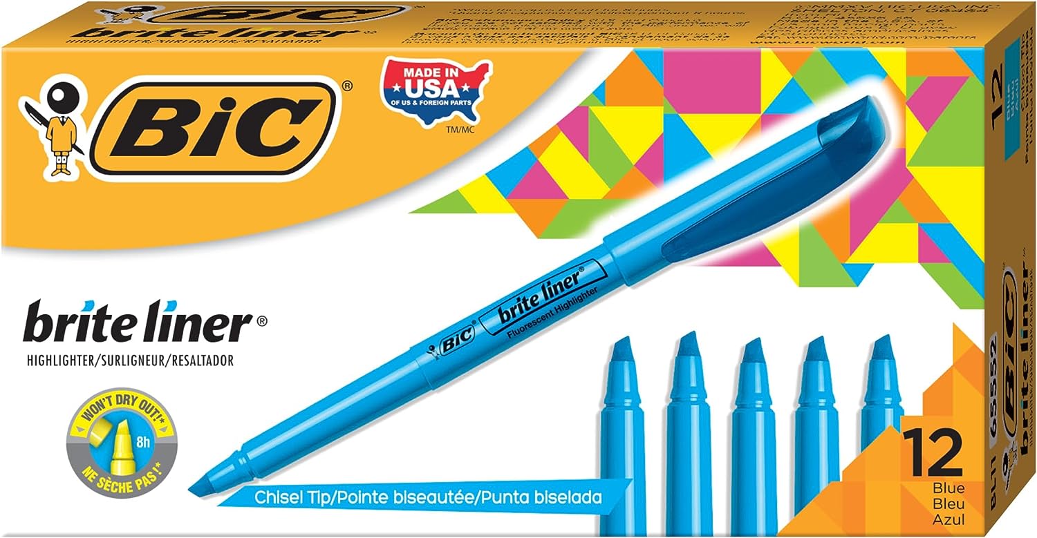 BIC Brite Liner Highlighter, Chisel Tip, Fluorescent Blue Ink, 12 per ...