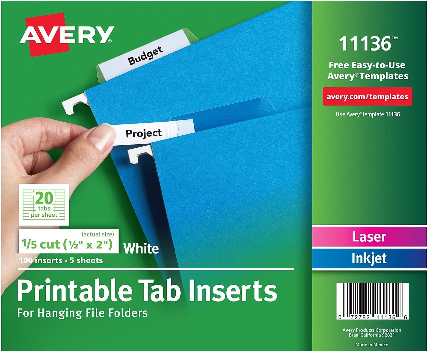 Avery 11136 Printable Inserts for Hanging File Folders, 1/5 Tab, Two ...