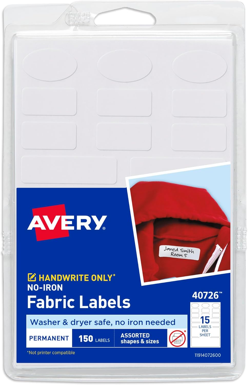 Avery No-Iron Fabric Labels, Assorted Shapes and Sizes, Washer and ...