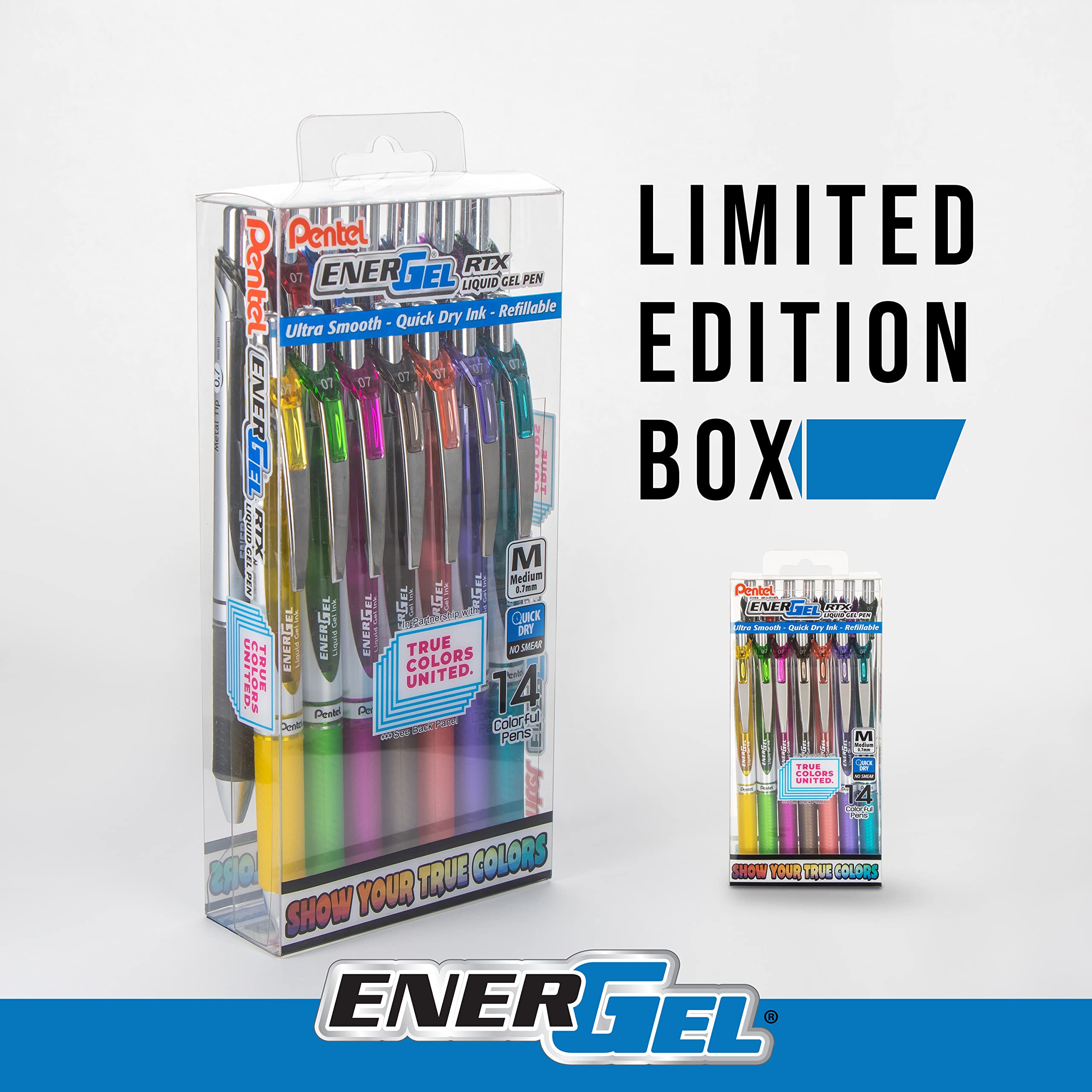 Pentel EnerGel RTX True Colors United (0.7mm) Medium Line, Assorted Ink, 14 Pack Box ...
