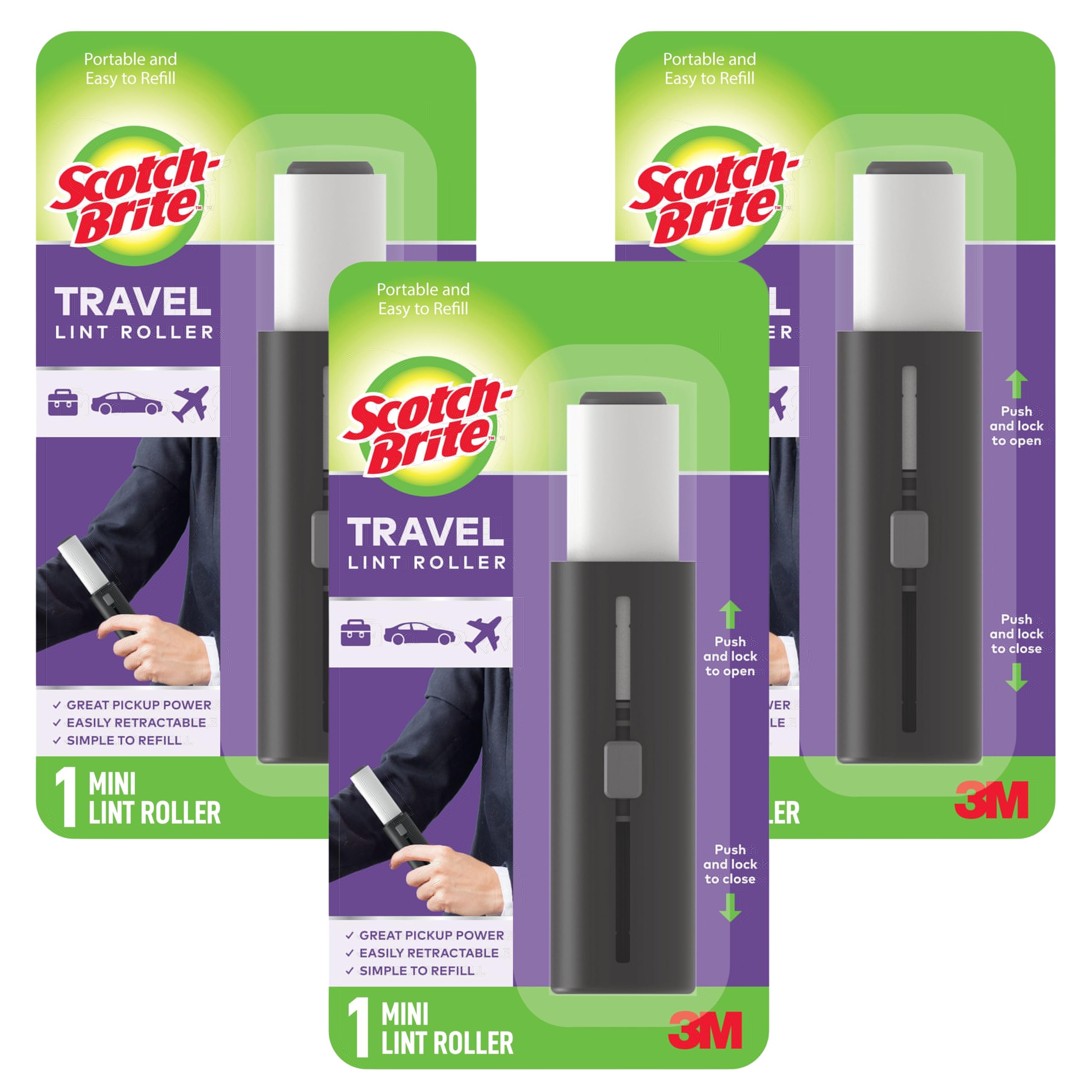 Scotch-Brite Retractable Lint Rollers 3-Pack, Portable Travel-Size Lint ...