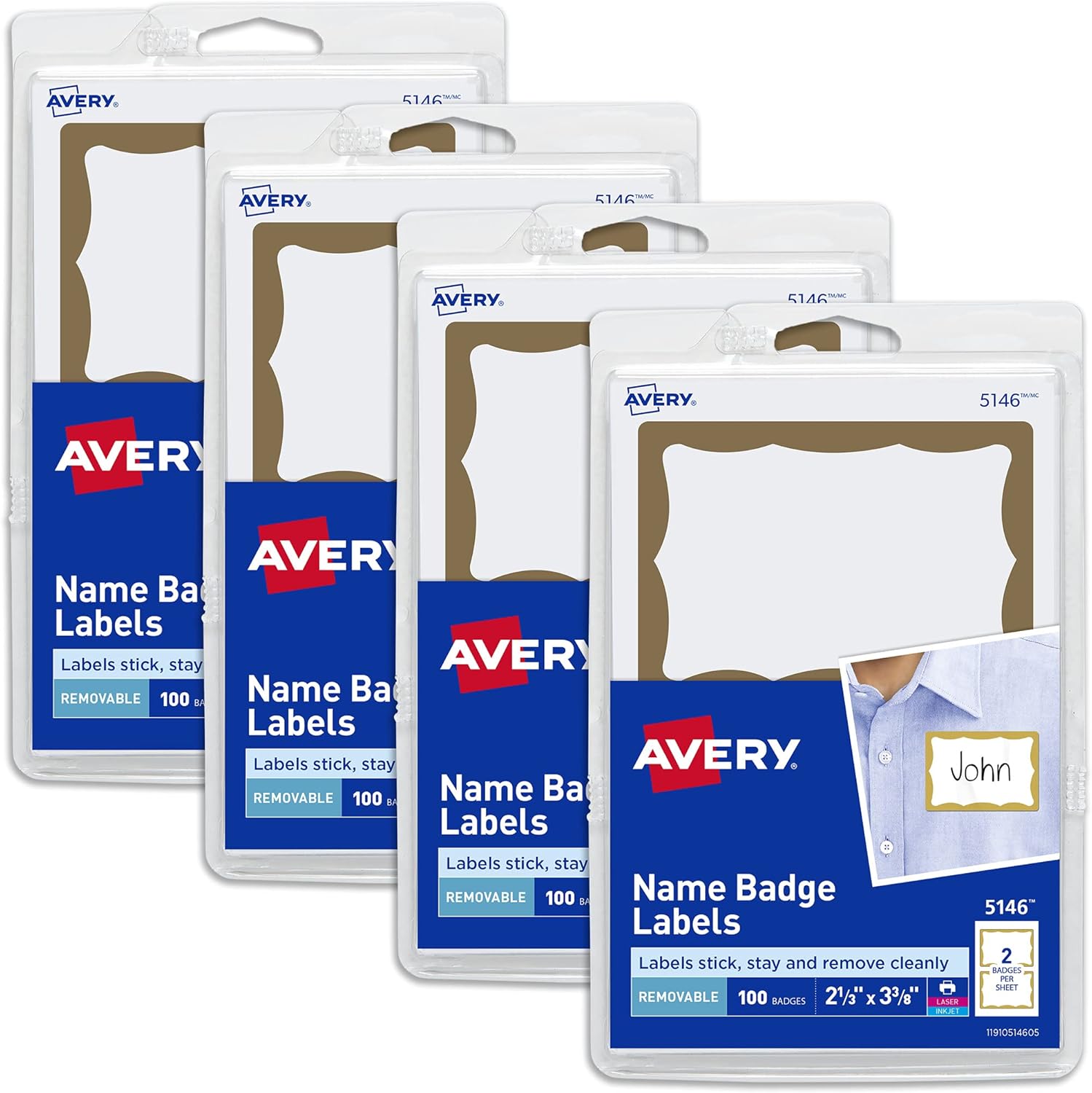 Avery Name Tags, Print or Write, Gold Border, 100 Adhesive Tags Per ...