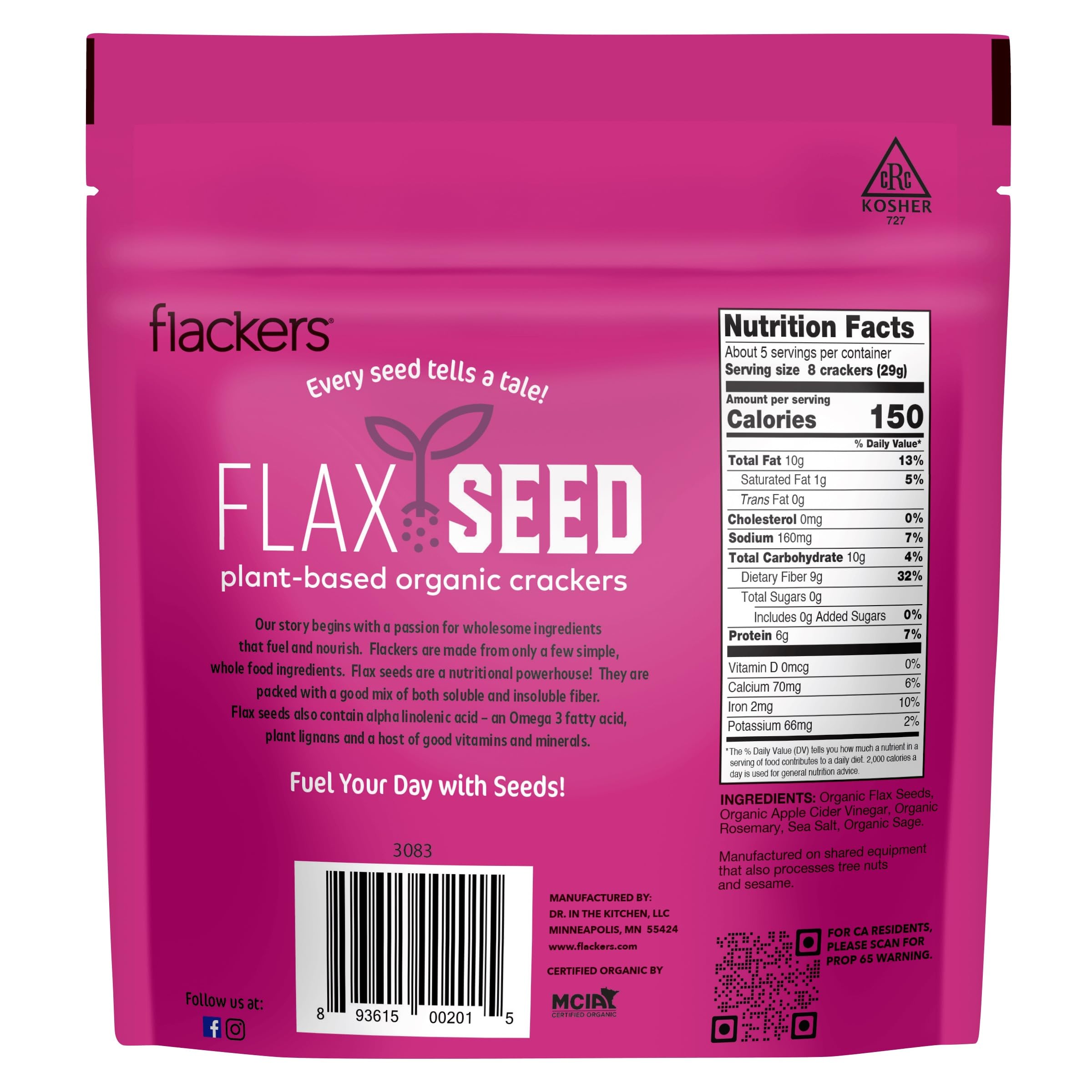 Flackers Organic Rosemary Flaxseed Crackers, Gluten Free, Non GMO ...